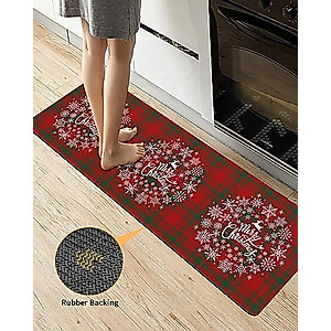 Snowflake Bath Mat for Tub,Non Slip Bathroom Floor Runner Rug Quick Dry & Absorbent Diatomaceous Earth Shower Sink Bedroom Kitchen Washable Doormat,Red Christmas Elk Xmas Plaid Rustic 20"x47"