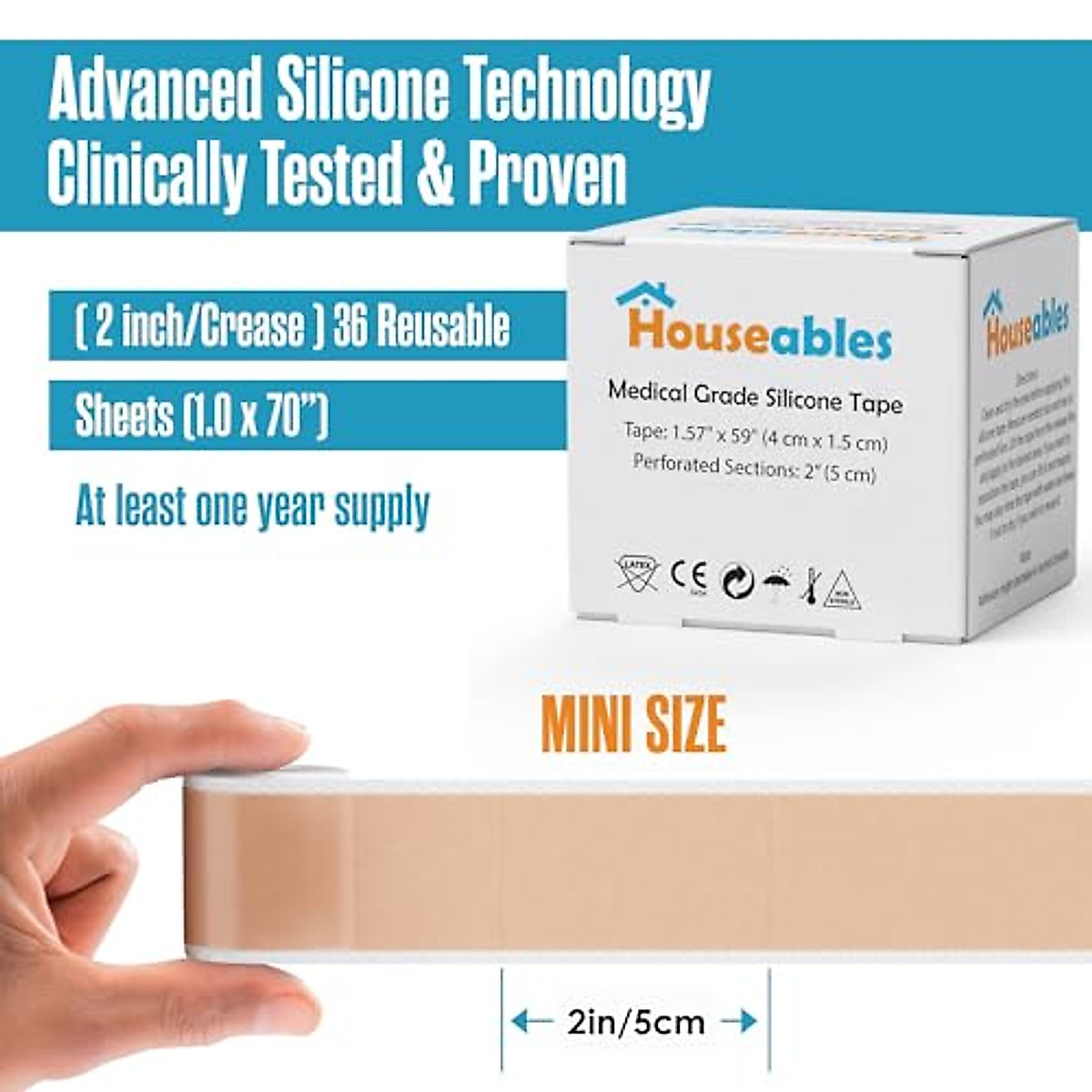 Silicone Scar Sheets, Soft Gel Tape, 1.57” x 60”, with 2” Perforations, Tan, Flexible, Medical Grade for Surgery, Keloids, Burns, Sensitive Skin, Wound Protection, Healing Patch | Houseables