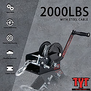 TYT 2000LB Boat Trailer Cable Winch with Heavy Duty Hook, 26ft Steel Cable Hand Crank Winch, Two Way Ratchet Ratio 4:1/8:1 Manual Gear Winch for Towing Lifting Boat Trailer Truck RV ATV Jet Ski Winch