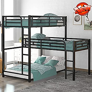 SNIFIT Latest Upgraded & Stronger Steel Metal L Shape Triple Bunk Bed Twin Over Twin Over Twin, Thicken Reinforced Twin Triple Bunk Bed Frame L Shaped for 3 with Safer Ladder, Black (Easier Assembly)