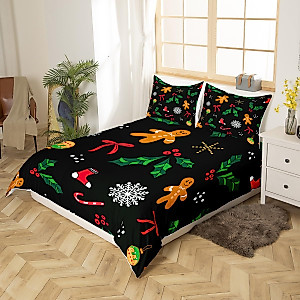 Erosebridal Merry Christmas Duvet Cover Twin,Cartoon Gingerbread Man Bedding Set for Kids Boys Girls,Sprig of Holly Floral Comforter Cover,Xmas Ball Bed Sets with 1 Pillowcase