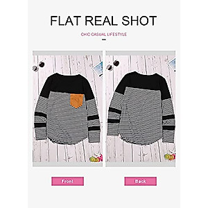 Diukia Women's Pinstripe Patch Pocket Long Sleeve Tops Stripe Color Block Lightweight Pullover Shirt for Girls Teens Junior Ladies Black L