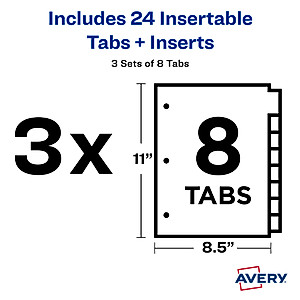 Avery Dividers for 3 Ring Binders, 8-Tab Binder Dividers, Plastic Binder Dividers, Insertable Big Tabs, Multicolor, 3 Sets (71901)