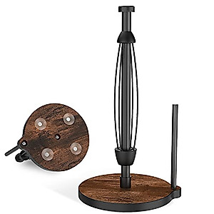 VEHHE Paper Towel Holder Stand, Wood Farmhouse Paper Towel Holder Countertop with Ratchet System and Suction Cups, Stainless Steel Perfect Tear Paper Towel Roll Holders with Wooden Base- Black