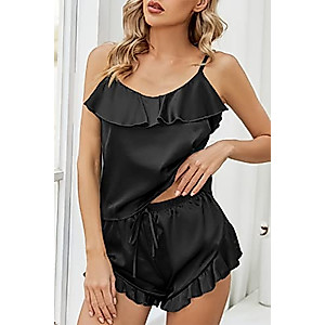CHYRII Women's Sexy Silk Satin Ruffled Pajamas Sets Cami Shorts Sets Cute PJS Lingerie Slppewear Set Black M