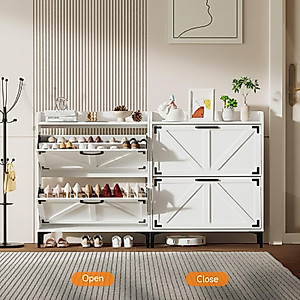 Derfullo Shoe Storage Cabinet,Farmhouse Shoe Organizer with 2 Flip Drawers & Barn Door Design,Freestanding Hidden Slim Narrow Shoe Rack Cabinet for Entryway,Foyer,Hallway (White)