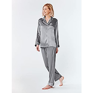 SIORO Womens Silk Pajamas Soft Long Satin Sleepwear Ladies Pajama Sets Button Down Loungewear Pyjamas Suit, Grey, L