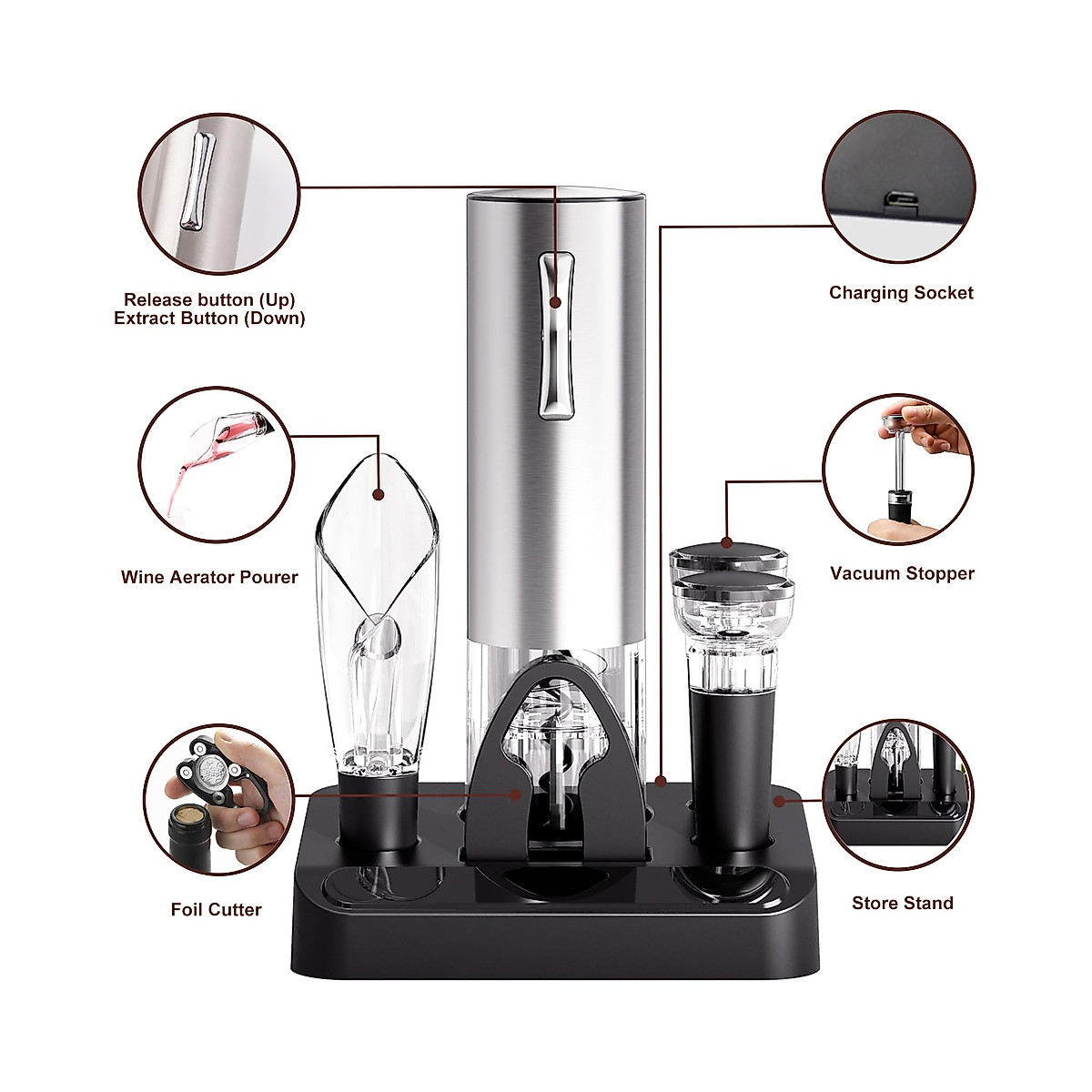 COKUNST Electric Wine Opener Set with Stand, USB Charging Corkscrew Remover, One-click Button Rechargeable Cordless Bottle Openers with Wine Pourer, Vacuum Stoppers, Foil Cutter for Home Party Wedding