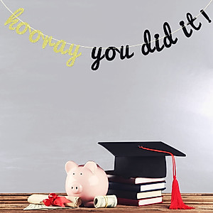 Hooray You Did It Banner, We are So Proud of You, Congrats Grad 2025, 2025 Graduation Party Decorations, Gold Black Glitter.