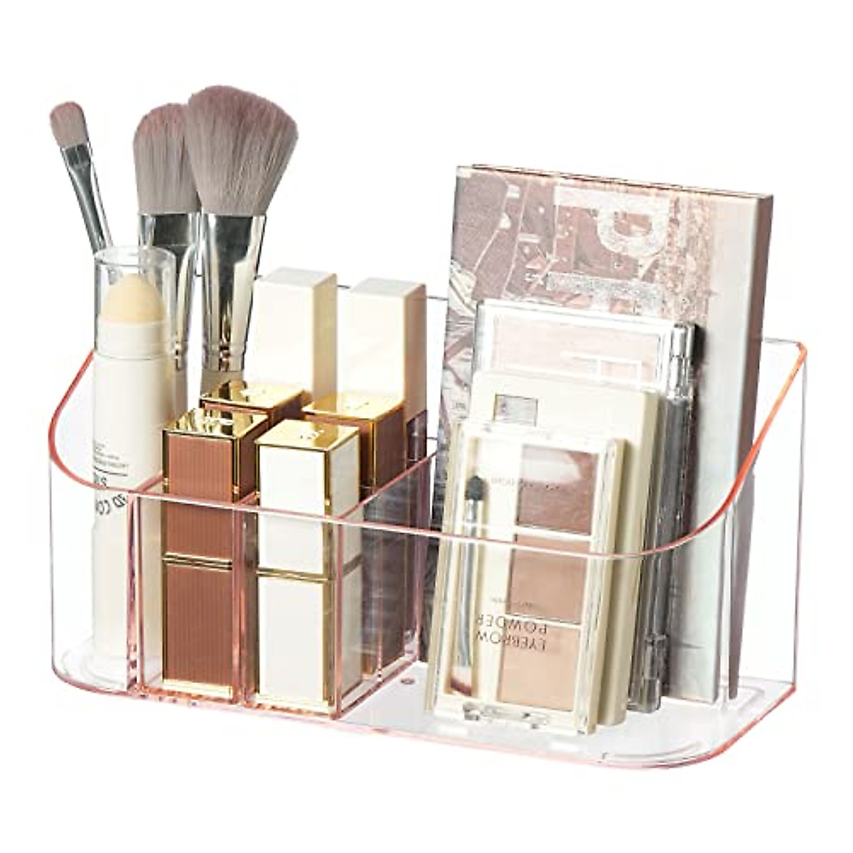 SUNFICON Makeup Holder Tray Organizer Cosmetic Display Case Tabletop Desktop Vanity Countertop Bathroom Wall Cabinet Medicine Storage Box 9 Dividers 2 Removable for Womens Ladies Girls Crystal Pink