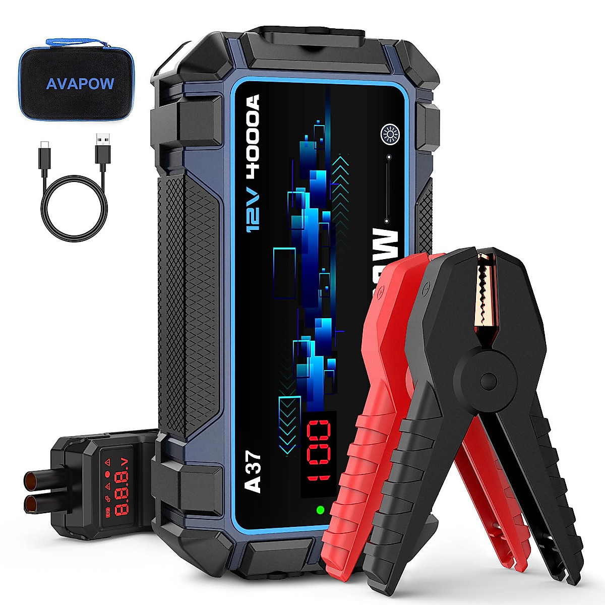 AVAPOW Jump Starter Car Battery 4000A Peak,Portable Jump Starters for Up to 10L Gas 10L Diesel Engine,12V Lithium Jump Pack with Smart Safety Clamp, IP65