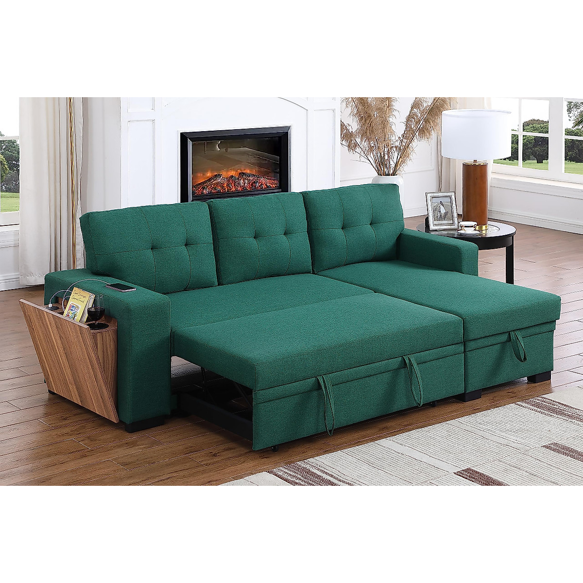 Acosure 92" L-Shape Sectional Pull Out Sofa Bed with Storage Chaise,Sleeper Couch W/USB & Cup Holder,Built-in Wood Shelf Armrest,3 Seat Linen Convertible Sofas for Living Room Office Flats,Green