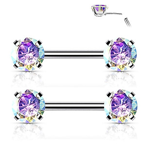 Pierced Owl 14G Stainless Steel Threadless Push-in Prong Set Crystal Nipple Rings, Sold as a Pair (Silver Tone/Aurora Borealis)