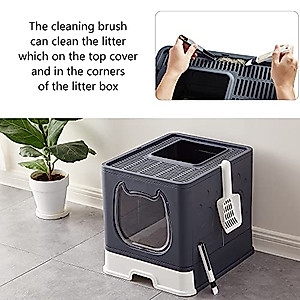 Kitty Litter Box with Lid Foldable Enclosed Kitten Potty with Cover Front Entry and Top Exit Cat Litter Boxes Drawer Type Easy Clean No Odor Control 2 in 1 Cleaning Brush(Black)
