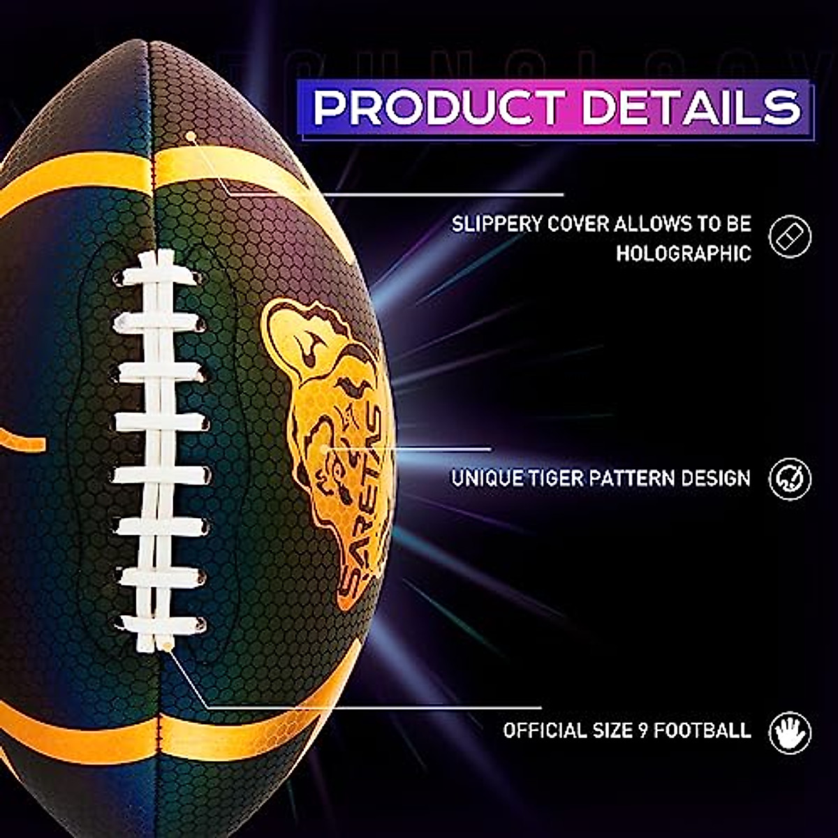 Saretas Size 9 Holographic Reflective Football Glow Football Gifts Idea Toy for Kids, Youths, Juniors, Adults, Boys and Girls with Pump,Needles and Carry Net