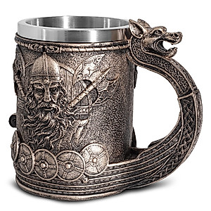 Ottalent Noric Viking Ship Draon Drakkar Beer Mug Stainless Steel Liner, Bronze Color Viking Warrior Coffee Cup Stein for Collectible Gift 17oz.