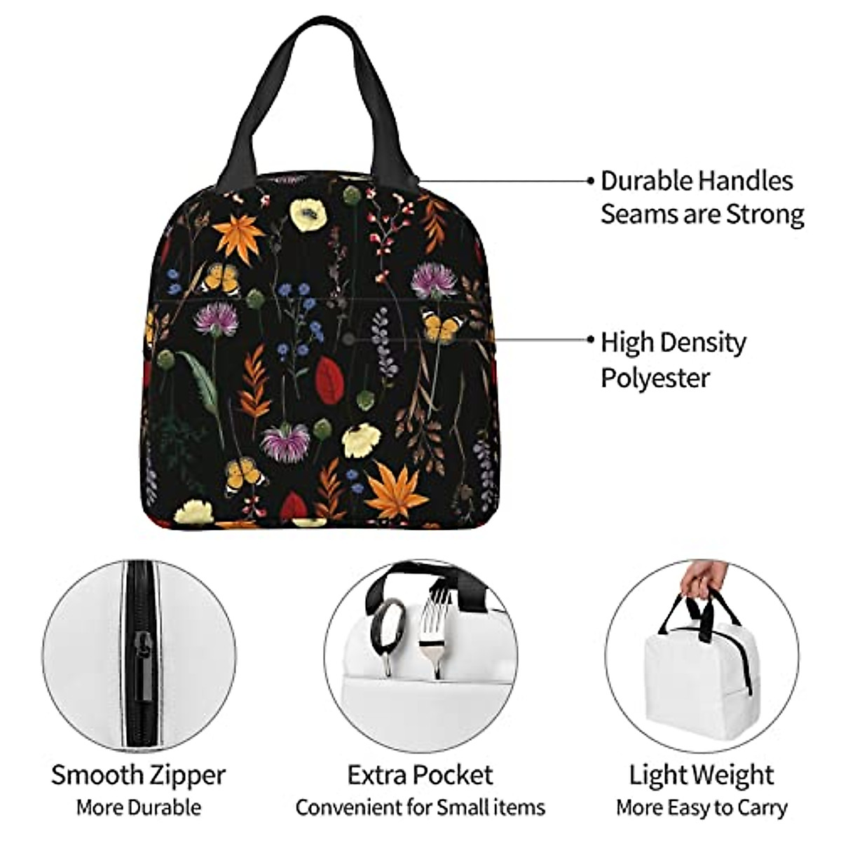 Midnight Dark Wild Forest Nature Floral Reusable Insulated Lunch Bag For Women Men Waterproof Tote Lunch Box Thermal Cooler Lunch Tote Bag For Work Office Travel Picnic