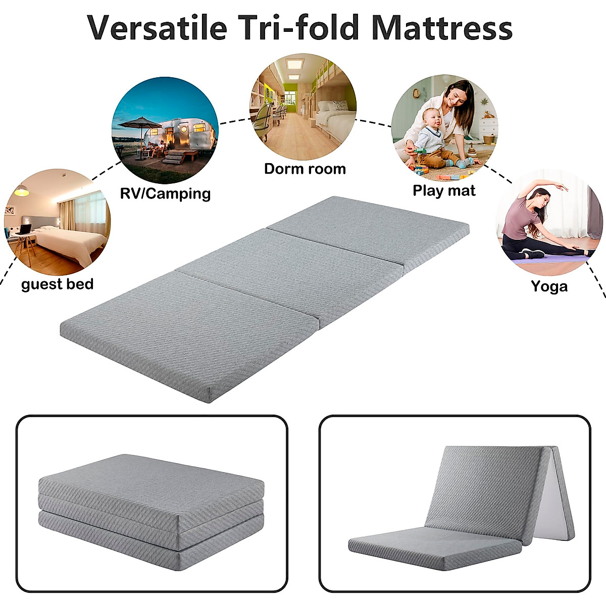 Planet Sleepings Twin Mattress 3 Inch Tri-fold Gel Foam Mattress, Adjustable Softness Relief Back Pain Breathable and Washable Cover, CertiPUR-US