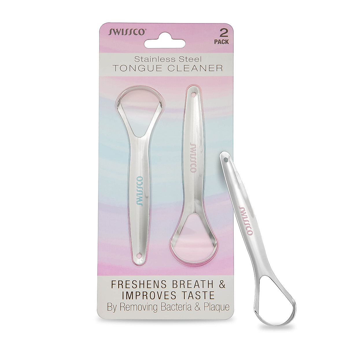 Tongue Scraper by Swissco | Stainless Steel Tongue Cleaner | Reduces Bad Breath, Improves Oral Care | Pack of 2 Tongue Scrapers