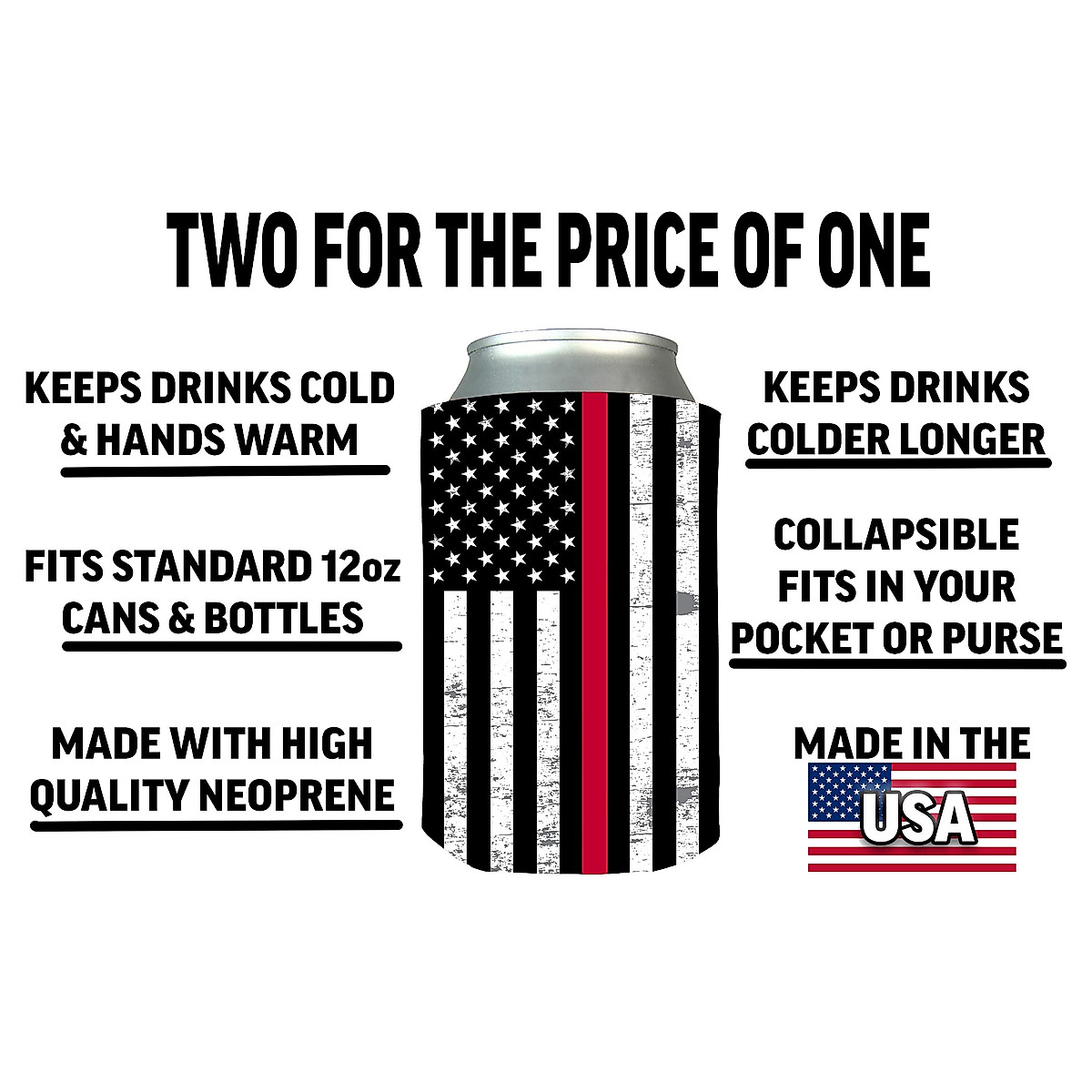 Thin Red Line Flag Collapsible Beer Can Bottle Beverage Cooler Sleeves 2 Pack Gift For Firefighter Fire Fighter
