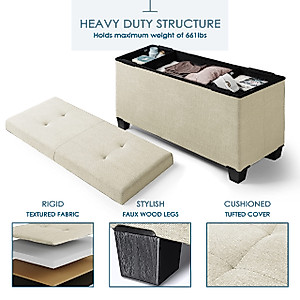 Storage Ottoman Bench with Storage Bins, 30-In Storage Bench for Bedroom End of Bed, Folding Foot Rest Ottoman with Storage for Living Room, Storage Chest Max 660lbs, Linen Fabric Beige Ottoman