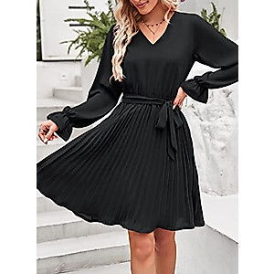 PRETTYGARDEN Women's Casual Fall Dresses Long Puff Sleeve V Neck Pleated Ruffle Flowy Belted Dress (Black,X-Large)