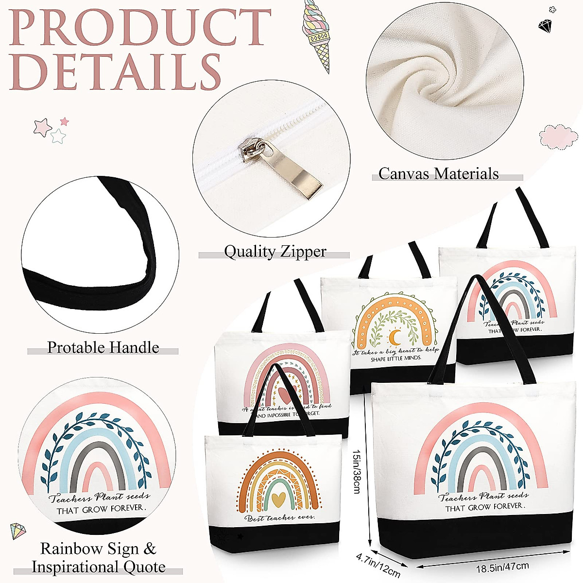 Kajaia Teacher Appreciation Gifts Rainbow Canvas Tote Bags and Cosmetic Bag for Teacher Coworker Nurse(Rainbow)