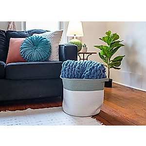 Nat & Jules 12 inch Flexible Woven Fabric Storage Basket: Organize Your Home Office, Linen Closet, Living Room Open Storage, or Soft Flexible Container, Two Tone Cream and Sage Green