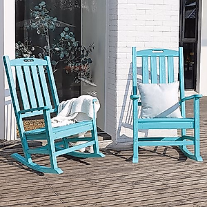 VEIKOU Rocking Chairs for Outside, HDPE Outdoor Rocking Chairs Set of 2, Heavy Duty Porch Rocker Supports 350lbs, All Weather Rocking Chair w/High Back & Wide Seat, (Blue, 2 Chairs)