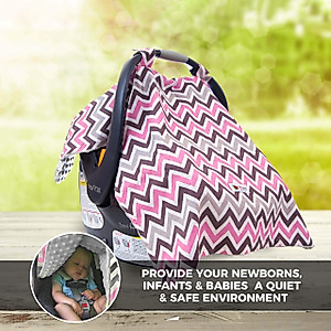 Baby Carseat Canopy Cover-Breathable Infant Car Seat Cover Helps Protect Babies-Our Baby Car Seat Covers Also Double as a Nursing Cover, High Chair Cover & Playmat-Pink & Gray Chevron with Gray Minky