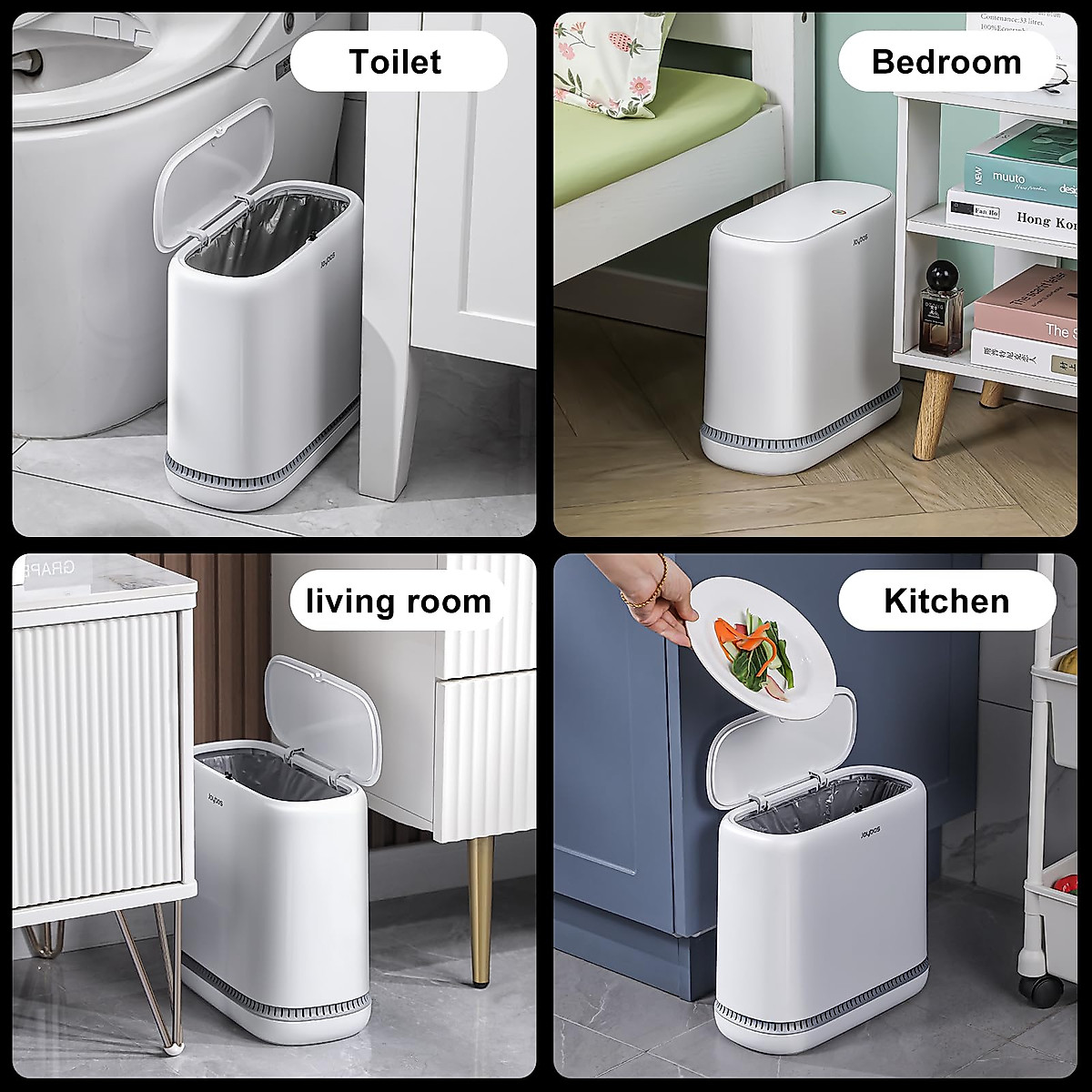 JOYBOS Bathroom Trash Cans with Lids|Small Office Garbage Cans with Automatic Lid|Motion Sensor Waterproof Trash Bin for Bedroom| 4 Gallon Plastic Narrow Wastebasket for Toilet, RV, White