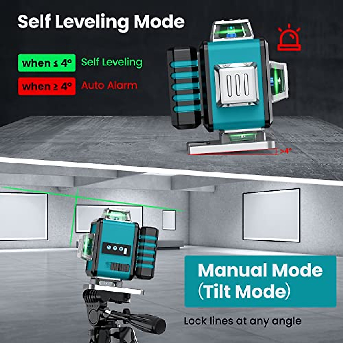 Seesii laser level,16 Lines Green Electronic Self Leveling Tool 4D Four-Plane Leveling and Alignment Line Laser Level Outdoor Pulse Mode-Rechargeable Battery, Portable Toolbox LL110