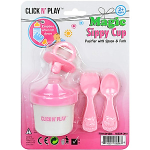 Click N' Play Magic Disappearing Sippy Cup & Doll Pacifier Set, Baby Doll Bottle with Milk, Accessories for Kids Ages 2-4, Pink