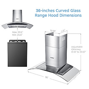 Comfee Curved Glass Range Hood 36 Inch 450 CFM 3 Speed Gesture Sensing &Touch Control Panel Stainless Steel Kitchen Ductless/Ducted Convertible with Baffle Filters and 2 LED Lights (CVG36W9AST)