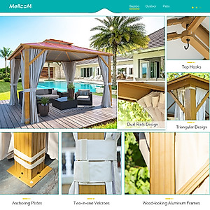 MELLCOM 10' x 12' Hardtop Gazebo, Wooden Finish Coated Aluminum Frame Outdoor Gazebo with Aluminum Double Roof, Claret Metal Gazebo with Curtains and Nettings for Patios, Gardens, Lawns, Parties