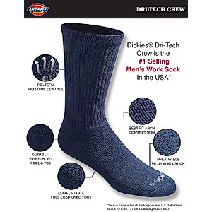 Dickies Men's Dri-Tech Essential Moisture Control Crew Socks, Available in M-XXL (6, 12, Solid Navy (6 Pairs), Large