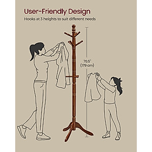 VASAGLE Solid Wood Coat Rack and Stand, Free Standing Hall Coat Tree with 10 Hooks for Hats, Bags, Purses, for Entryway, Hallway, Rubberwood, Dark Walnut URCR03WN