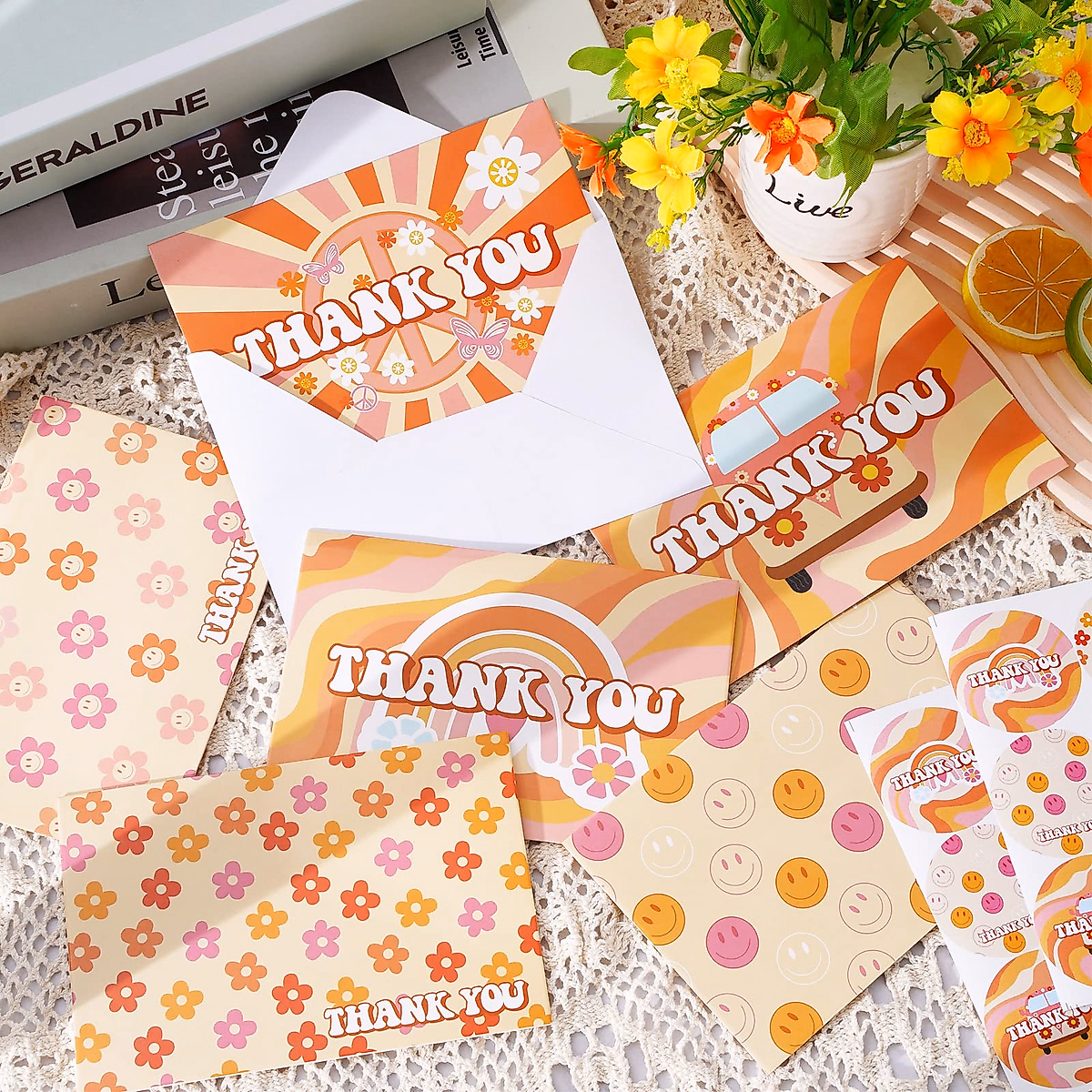 Whaline 36Pcs Groovy Retro Hippie Thank You Cards Thanksgiving Boho Floral Greeting Cards with Envelops and Stickers Rainbow Flower Note Card for Birthday Wedding Bridal Shower Party Decor, 4 x 6inch