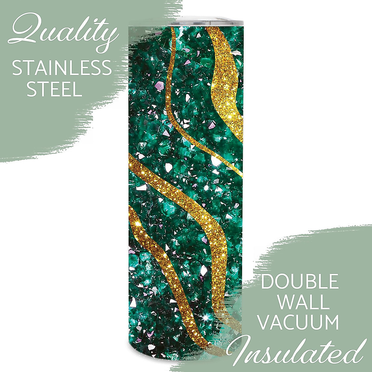 Elanze Designs Emerald Green & Shimmer Gold Sparkle Gemstone Wrap-Around Design 20 Ounce Stainless Steel On-The-Go Coffee Travel Insulated Skinny Tumbler Mug Cup with Slide Top Lid