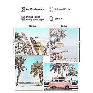 Beach Decor - Beach Wall Art - Tropical Palm Trees, Surfing Posters 8x10 - Unique Home Decor for Lake or Ocean House, Bathroom, Bedroom, Living Room, Office - Gift for Surfers - Nautical Photo Set