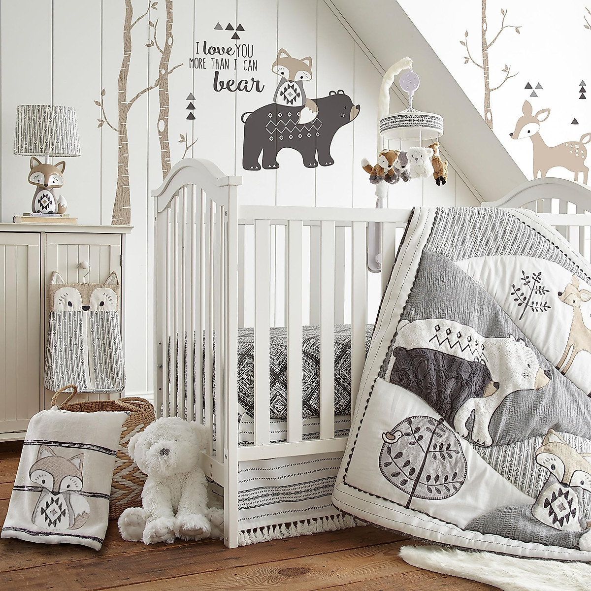 Levtex Baby - Bailey Plush Blanket - Appliqued and Embroidered Fox on Striped Plush - Charcoal, Taupe, White - Nursery Accessories - Blanket Size: 30 x 40 in.