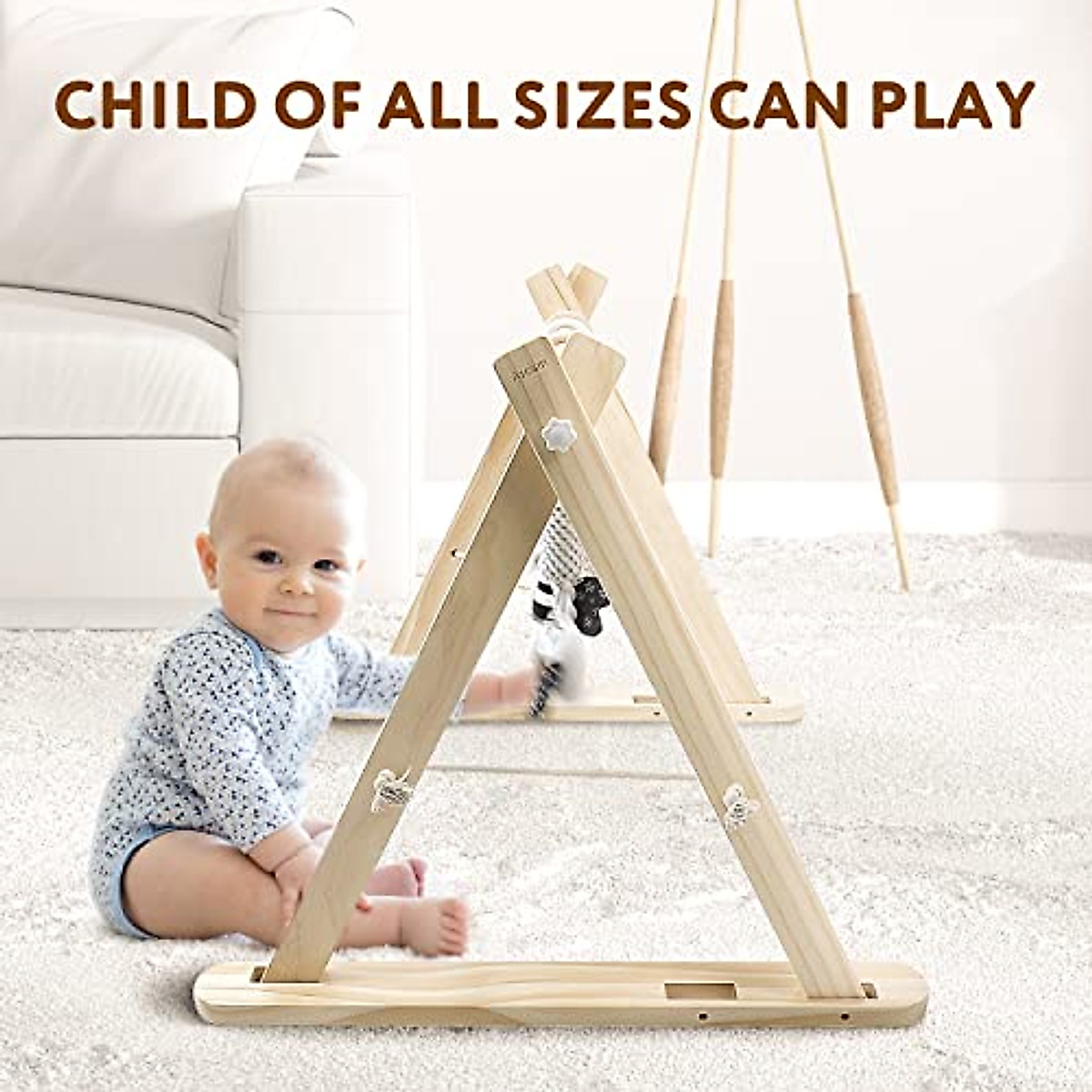 Foldable Wooden Baby Play Gym+Animal Sensory Hanging Rattle Toys(2 PCS)+Baby Teething Toys(3 PCS), with Babies Visual/Cognitive/Sensory Stimulation-for Babies 0-12 Month