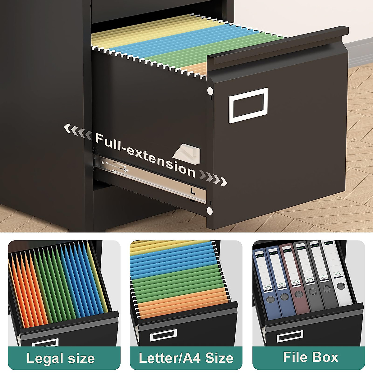 GREATMEET 3 Drawer Mobile File Cabinet with Lock,Under Desk Drawer Metal Filing Cabinet for Legal/Letter Size,Fully Assembled Black