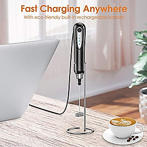 ZEBRE Electric Milk Frother, Handheld Rechargeable 3 Speed Foam Maker Blender Mixer with Durable Stainless Stand for Coffee, Latte, Cappuccino, Hot Chocolate, Black