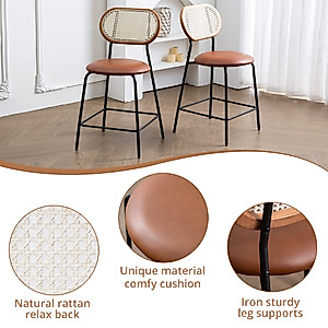 LUE BONA Faux Leather Bar Stools Set of 4,Rattan and Wood Backrest with Metal Legs，Modern Upholstered Round seat Chair Counter Height Barstools for Home Office Restaurants,24",Red Brown