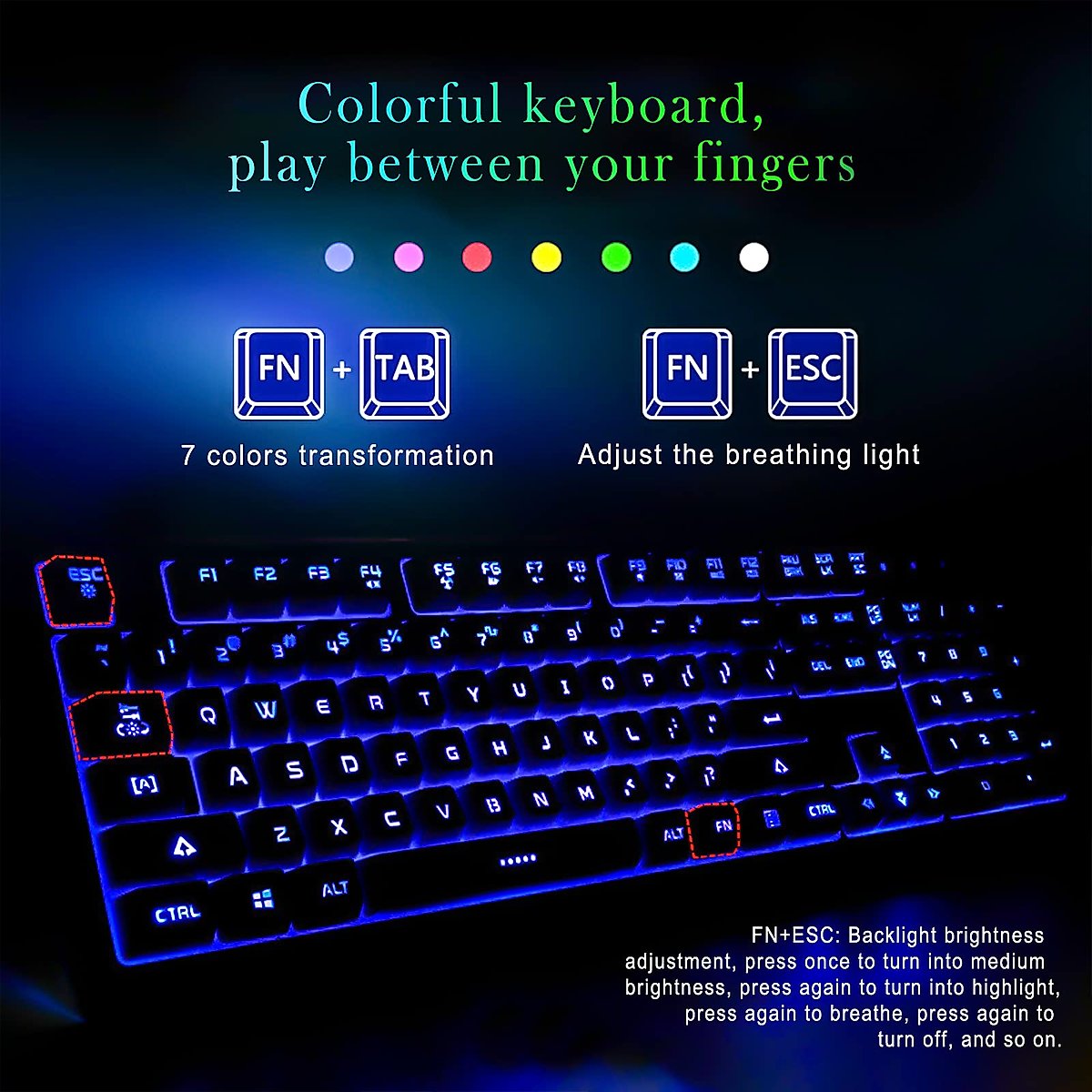 VINMEN Pink Gaming Keyboard with 7 Color LED Backlit Wired USB 104 Keys Keyboard Waterproof Fresh Style Computer Game Keyboard for PC Mac Laptop