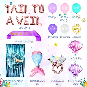 LaVenty 126 PCS Tail To Veil Bachelorette Decoration Mermaid Bachelorette Decoration Tail To Veil Balloons Bride To Be Sash for Mermaid Engagement Bridal Shower Party Blue Tinsel Curtain