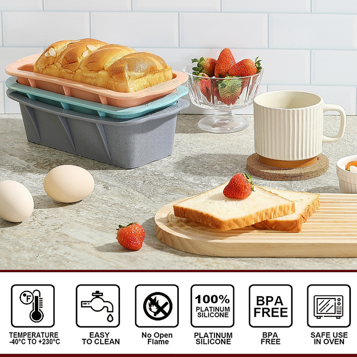 MONGSEW 3PCS Silicone Bread Loaf Pan, Non-Stick Bread Pans for Baking, Easy Release Loaf Pan, Great for Homemade Bread, Cakes, Brownies, Dishwasher Safe (3 Colors, Nesting Design)