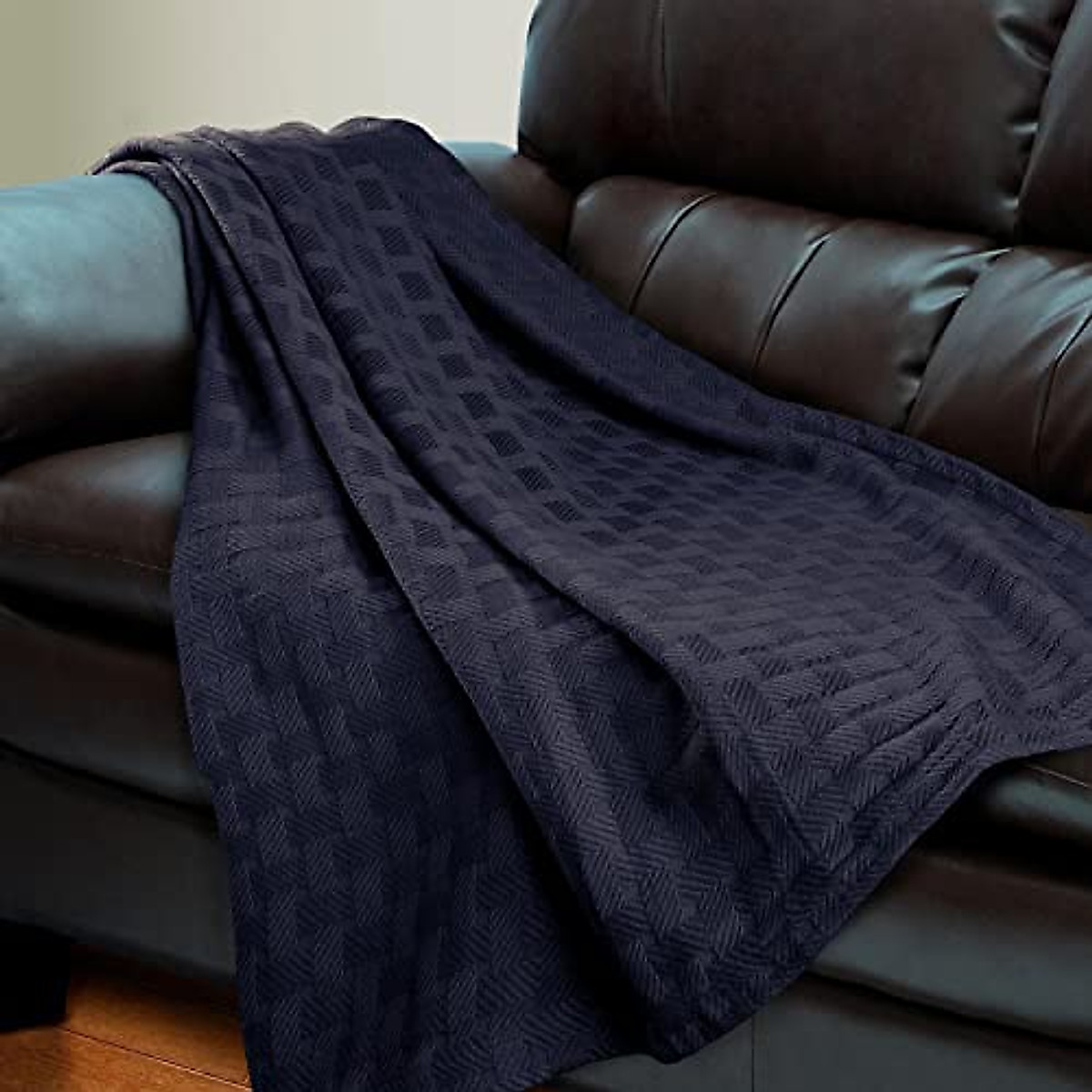 SUPERIOR 100% Cotton All-Season Blanket, Basket Weave Design, Soft, Comfy Cover for Bed, Bedding, Bedroom, Couch Throw, Lounging, Modern Boho Medium Weighted Blankets, California King, Navy Blue