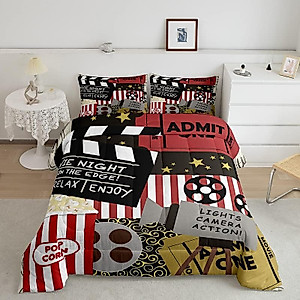 Popcorn Print Comforter Movie Theater Comforter Set Cinema Poster Design Bedding Set for Kids Boys Girls Rustic Wooden Duvet Set Full Size with 2 Pillow Case Boys